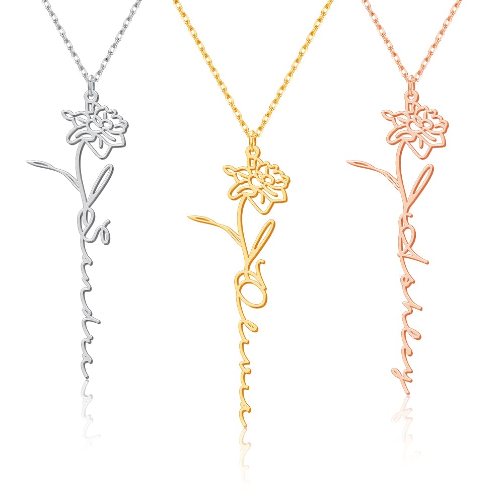 Jecivila Birth Flower Name Necklace Personalized, 18K Gold Plated Custom Name Birth Month Flower Necklace, Customized Floral Jewelry for Women Girlfriend Wife