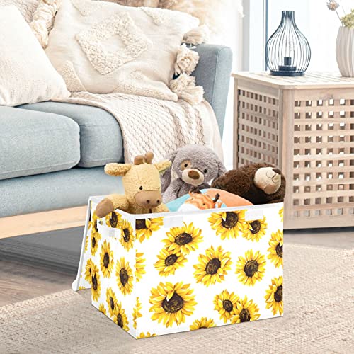 stargrass Foldable Storage Bin Fabric Decorative Storage Box with Lid and Handles,Flower Sunflower Yellow Collapsible Storage Basket 11.8x12.6x16.5 Inch