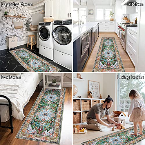 U'Artlines Boho Hallway Runner Rug 2' x 6' Vintage Farmhouse Laundry Rug Runner Accent Area Rug Carpet Non Slip Washable Kitchen Rug Entryway Runner Mat Throw Rug for Living Room (Green)