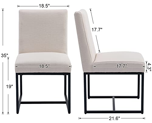 Set of 4 Linen Upholstered Dining Room Chair, Mid Century Modern Fabric Chair for Dining Room, with Black Metal Frame, Cream