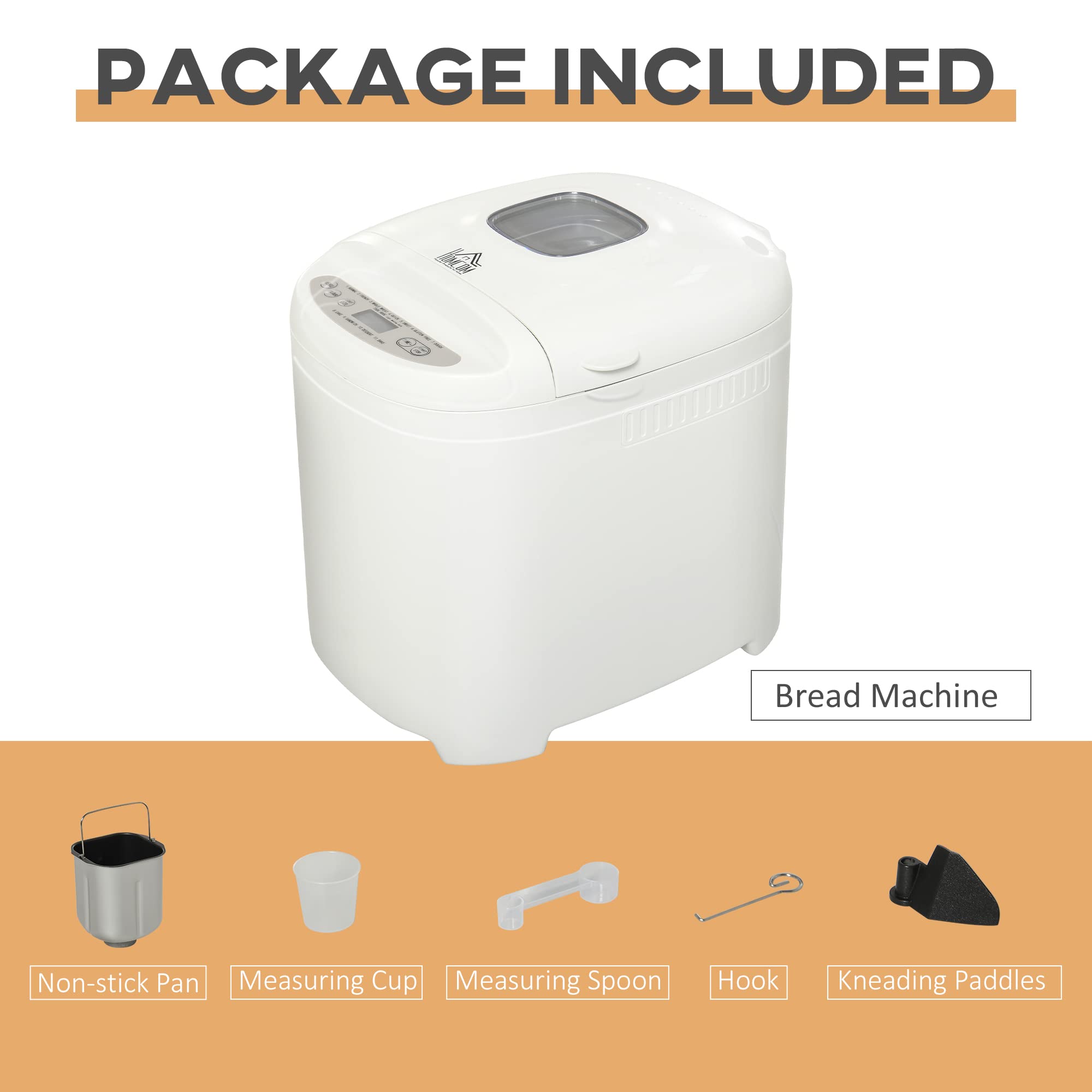 HOMCOM 2Lb Bread Maker, Non-Stick Bread Machine with Gluten Free Setting, 11 Menu, 2 Loaf Sizes, 3 Crust Colors, 13h Delay Timer, 1h Warming Function, 500W