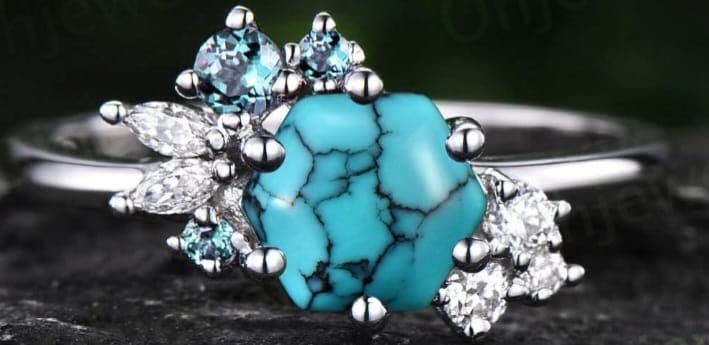 Hexagon cut Turquoise ring rose gold for women vintage unique Turquoise engagement ring cluster marquise diamond wedding promise ring gift