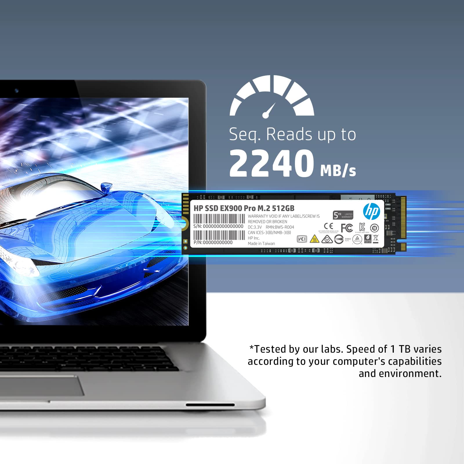 HP EX900 Pro 512GB NVMe PC SSD - PCIe Gen3 (8.0 GT/s) x 4, M.2 2280, 3D NAND Internal Solid Hard State Up to 2240 MB/s with DRAM Cache - 9XL76AA#ABA