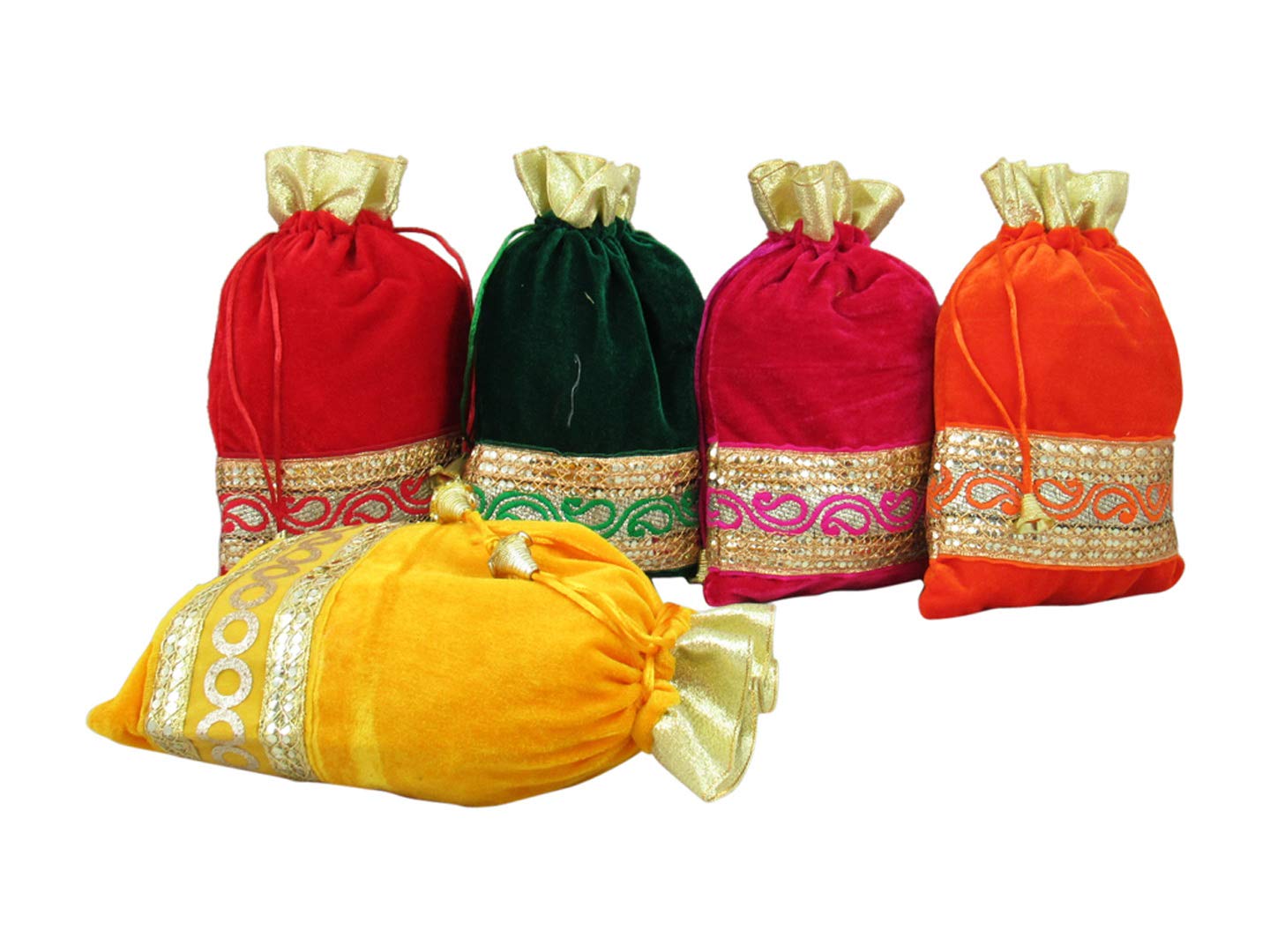 GoldGiftIdeas Ethnic Velvet Potli Bags for Women, Indian Potli Bag for Wedding, Potli Bags for Return Gift, Traditional Potli Bags, Wedding Party Favor Gift Bags (Set of 5)
