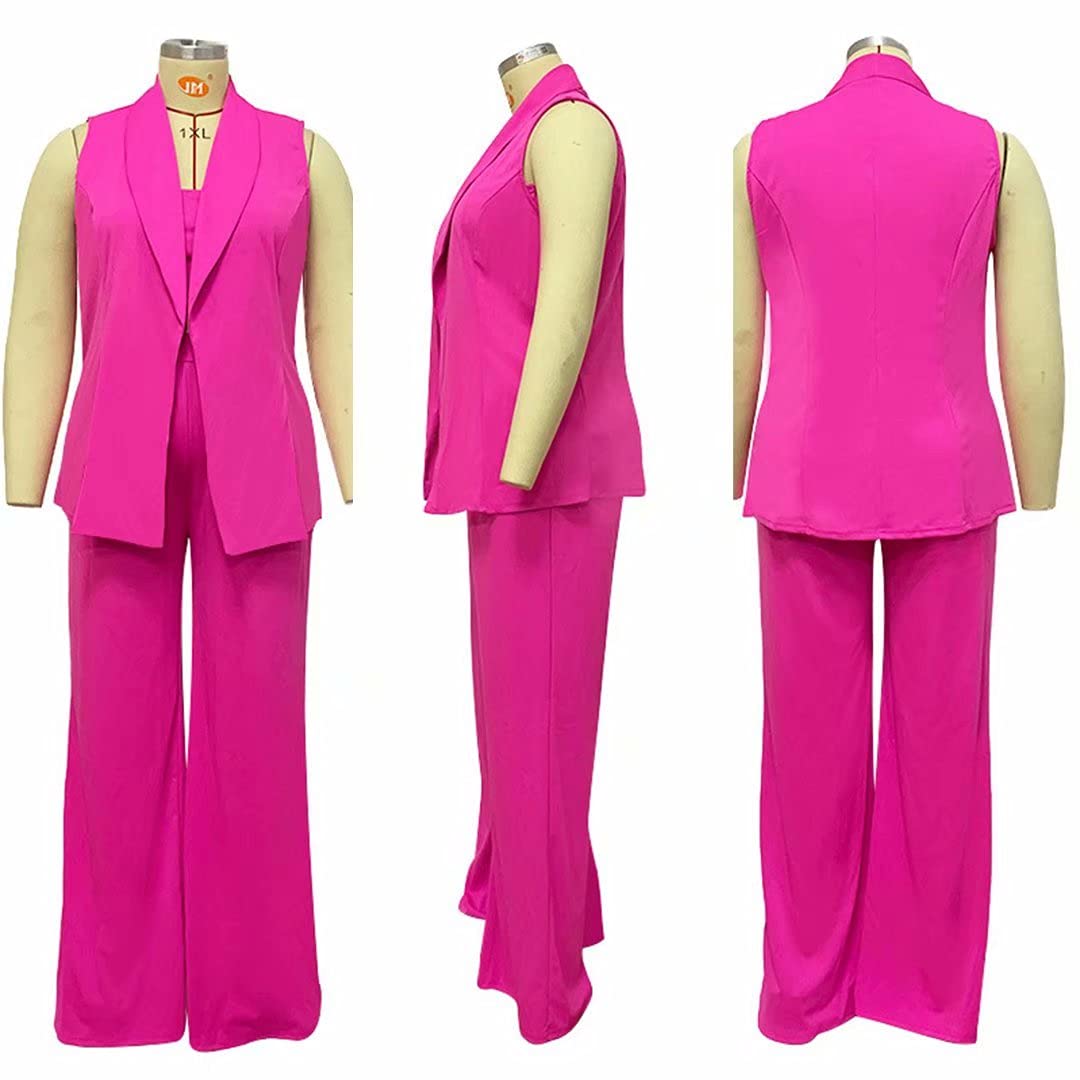 IyMoo Plus Size 3 Piece Sweatsuits for Women - Sleeveless Blazer,Tank Crop Top and Wide Leg Pants Set Rose Red 2X