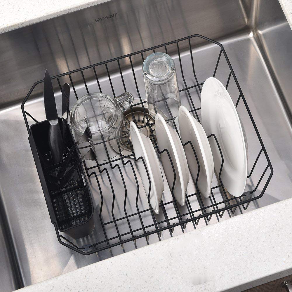 IKEBANA Black Simplicity Dish Drying Rack, Stainless Steel Dish Racks Rustproof for Kitchen Counter, Kitchen Chrome Finish Wire Dish Rack, Small Dish Drainer Rack with Removable Cutlery Holder
