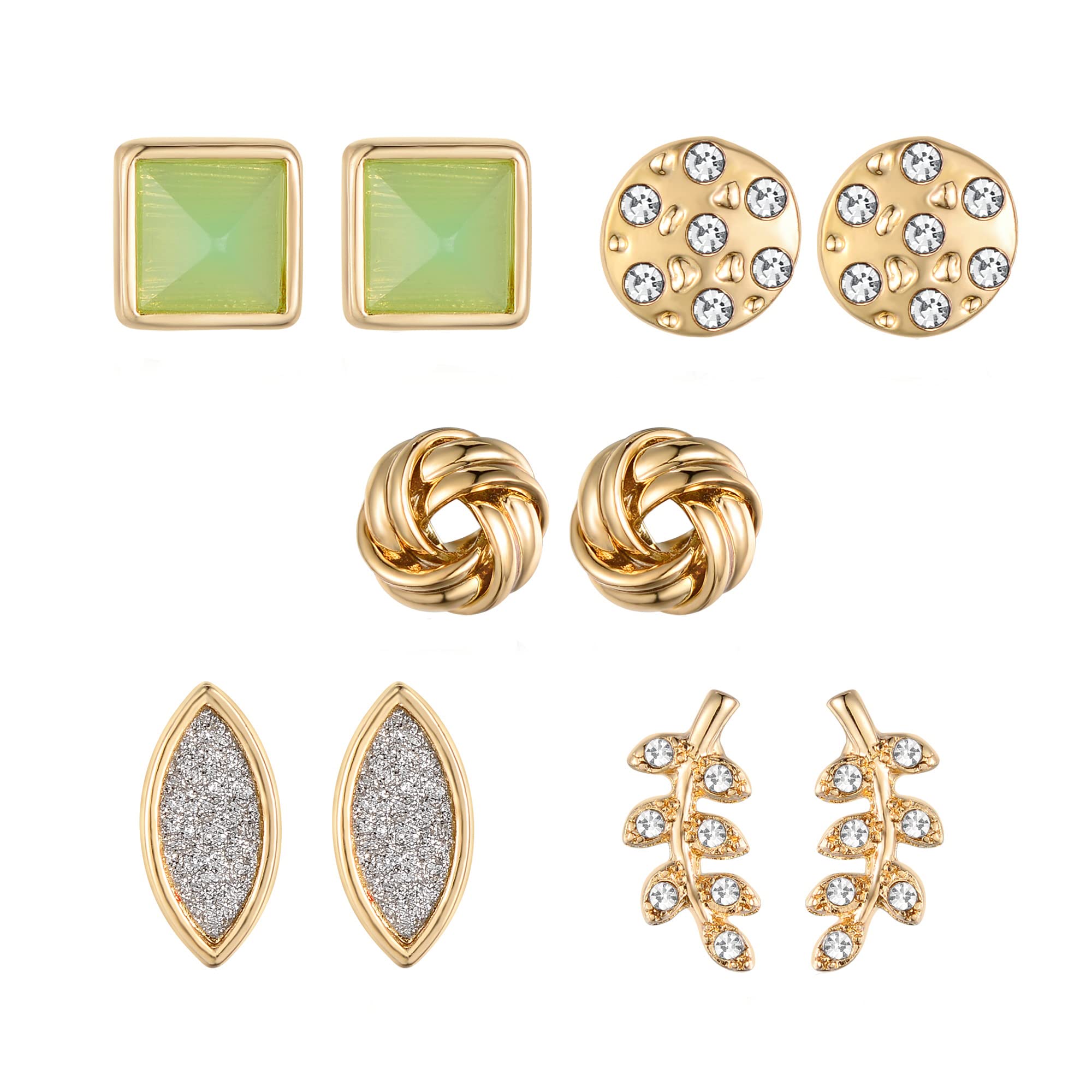 Kevia Set of 5 Stud Earrings in Gold with Green Gemstone, CZ & Leaf & Knot Accents