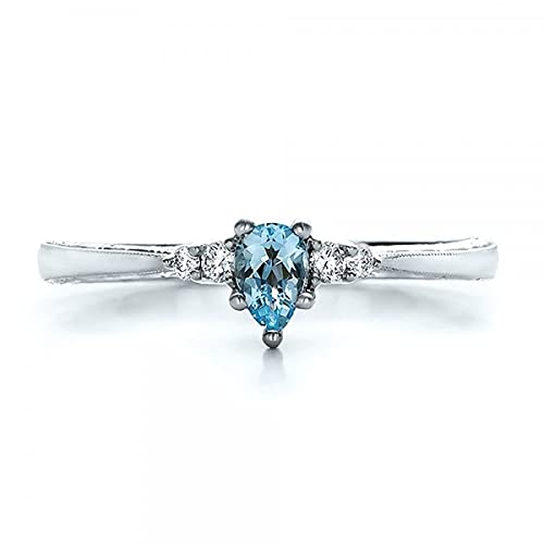 GOLD XIONG PADISHAH Women's Fashion 925 Sterling Silver 0.4CT Aquamarine 0.2CT White Topaz Wedding Ring (Silver,6)