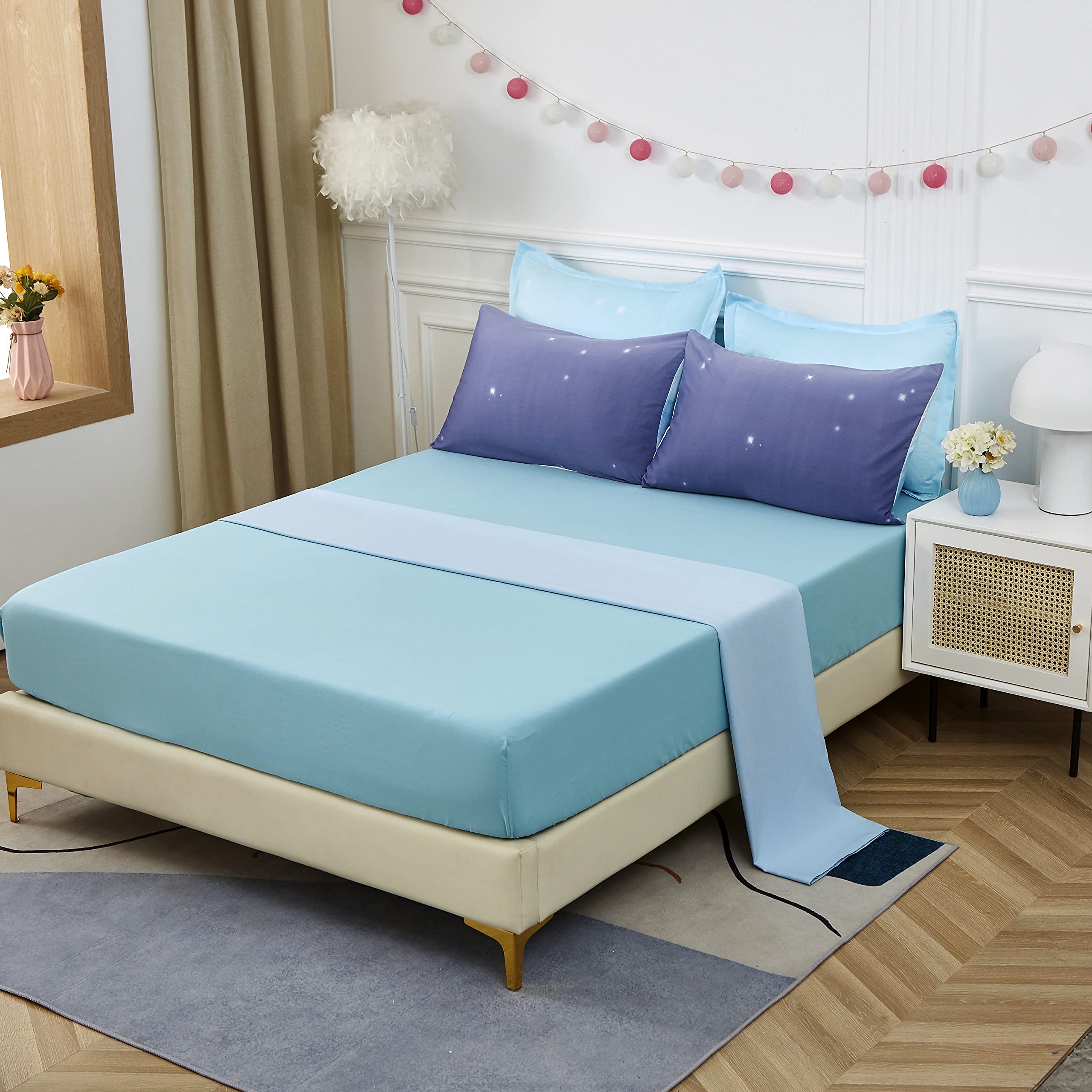 Girls Comforter Set Twin Size 6 Pieces Rainbow Comforter Blue Purple Bedding Set for Kids Ultra Soft Microfiber Comforter and Sheet Sets for All Season