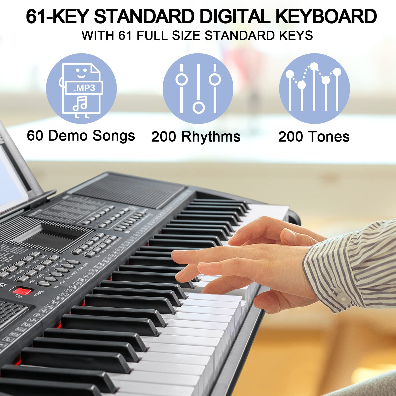 Keyboard Piano, 61 Key Electric Piano Keyboard for Beginners, LED Screen Music Keyboard with Microphone, Keynote Stickers, Stand Bench and Music Stand (Grey)