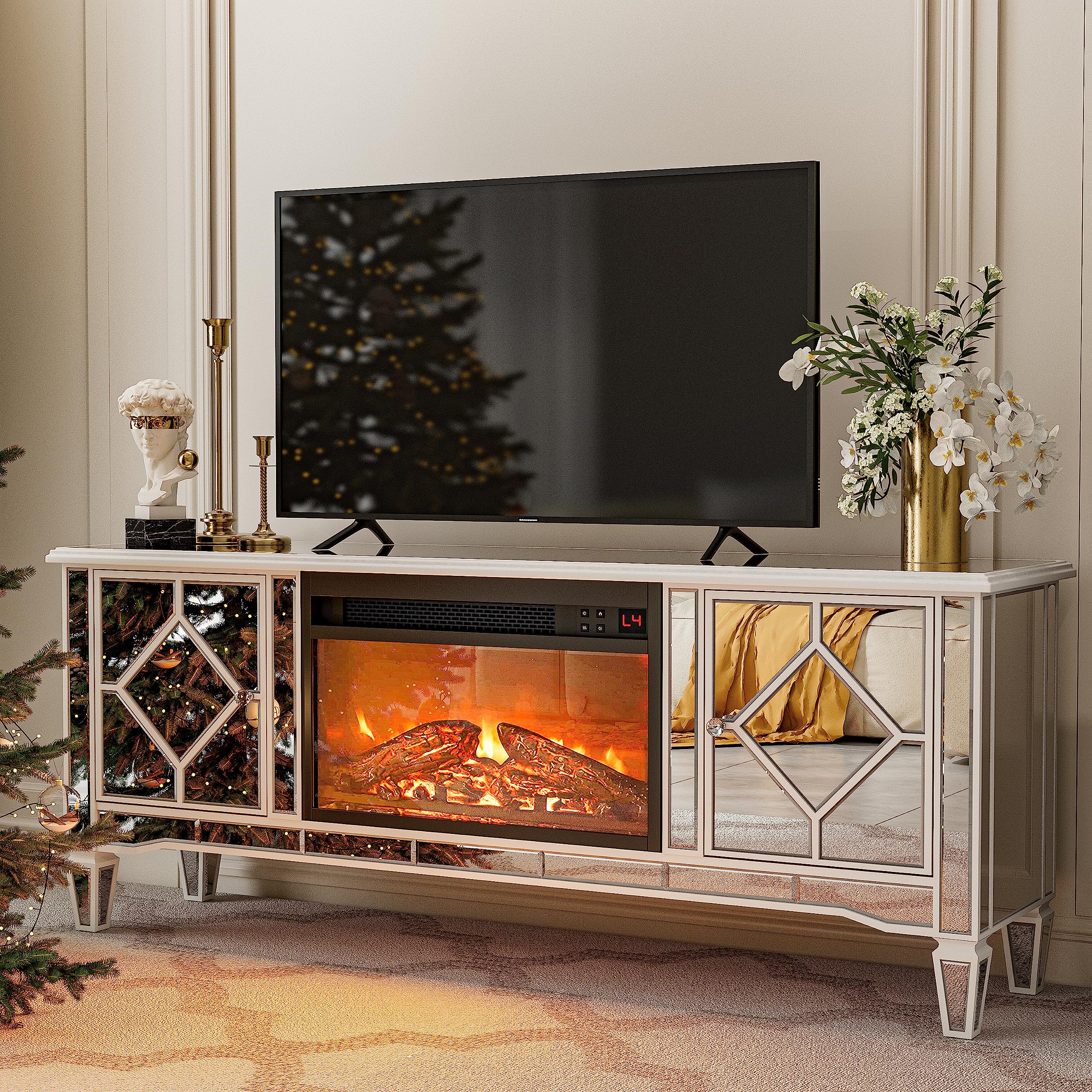 IKIFLY Mirrored TV Stand with Fireplace for 75+ inch TV, Silver Electric Fireplace Entertainment Center w/7 Colors Changing & 3D Realistic Flame Effect for Living Room