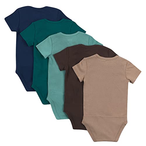 Hanes Unisex Baby Bodysuits, Ultimate Flexy Short Sleeve For Boys & Girls, 5-pack, Blue Green Dk Brown Set, 0-6 Months US