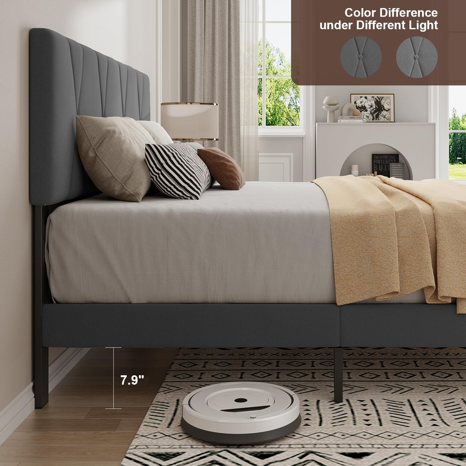 Gizoon Queen Bed Frame with Adjustable Velvet Headboard, Upholstered Platform Bed Frame with Sturdy Metal Frame, Wooden Slats, Noise-Free, No Box Spring Needed (Dark Grey, Queen)