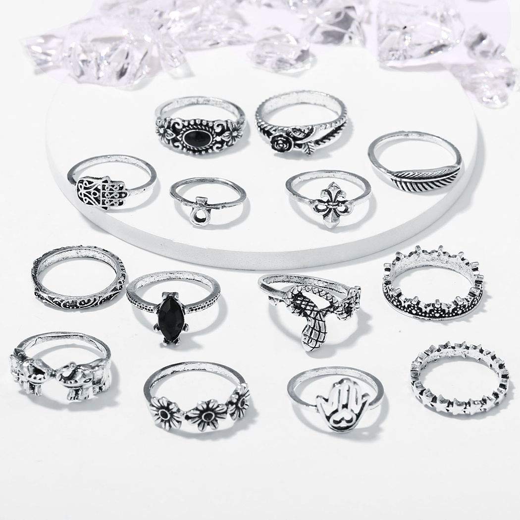 Haloty Boho Black Crystal Joint Knuckle Rings Silver Elephant Midi Rings Set Snake Flower Stackable Finger Rings Jewelry for Women and Girls (14PCS)