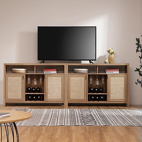 SICOTAS Coffee Bar Cabinet, 51" Rattan Sideboard Buffet Cabinet with Storage, Boho Farmhouse Liquor Cabinet with Wine Racks Credenza Console Buffet Table for Home Living Dining Room Entryway, Natural