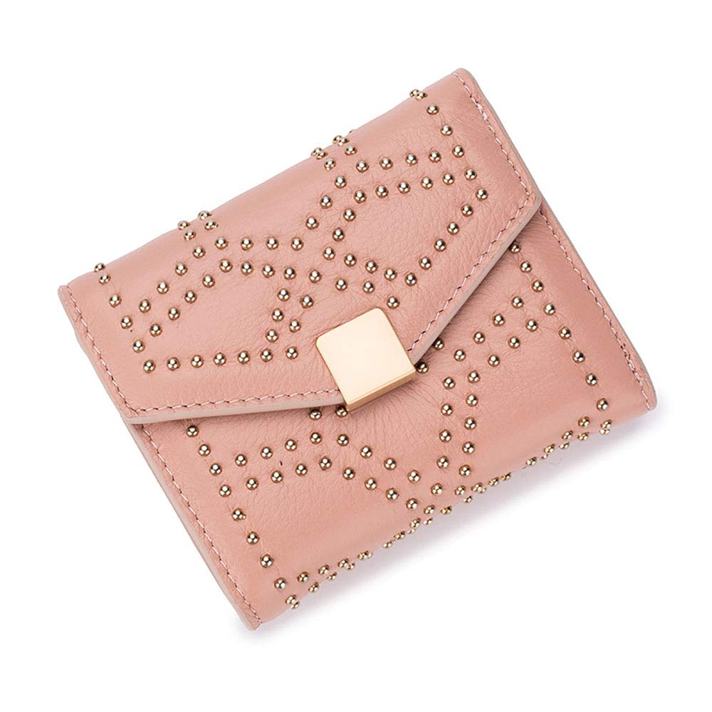 Genuine Leather Wallet for Women, Rivet Studded Money Organizer, Smart Leather Credit Card Case, Multipurpose Small Purse (Pink)