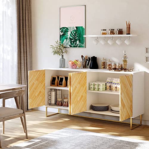 Sideboard Buffet Cabinet Storage Cabinet with Door and Golden Metal Legs, White Coffee Bar Cabinet Buffet Cabinet Accent Cabinet for Kitchen Living Room, Living Room, Entryway (55 Inch)