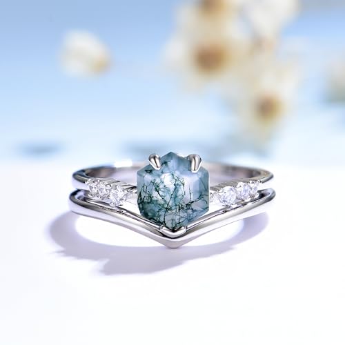 ITI KUOLOLIT 1.5ct Natural Moss Agate Ring Sterling Silver Hexagon Shaped Engagement Ring Green Agate Promise Wedding Rings for Women (Moss Agate-White, 7)