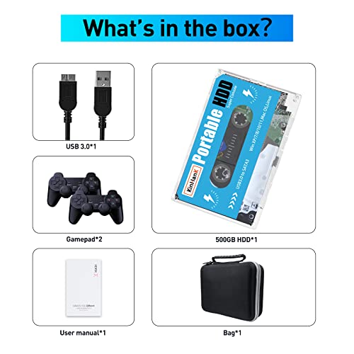 Kinhank 500G Portable External Game Hard Drive Disk, Built-in 111000+ Games, Batocera 33 Game System, for Laptop/PC/Windows, 2 Gamepads (2 Gamepads)