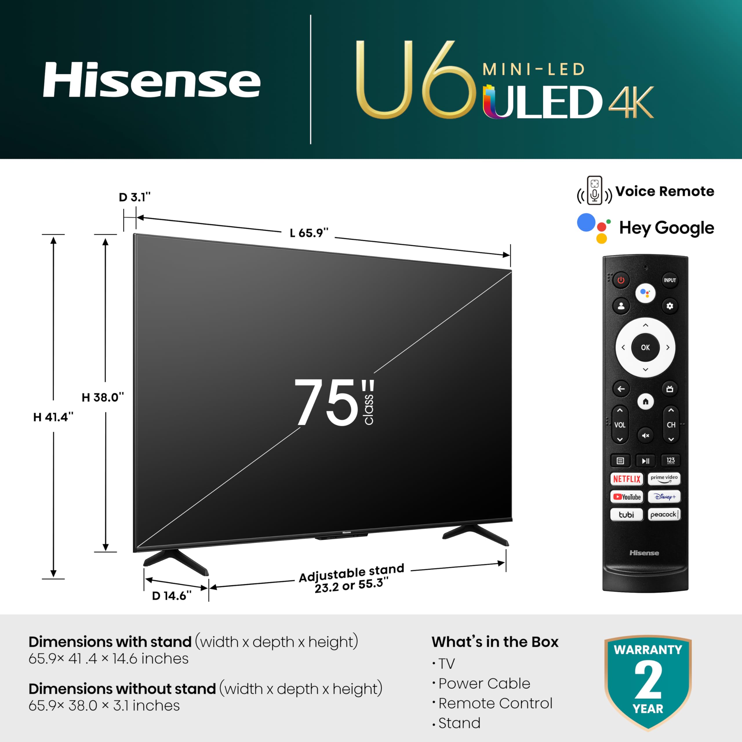 Hisense 75-Inch Class U6 Series Mini-LED ULED 4K UHD Google Smart TV (75U6K) - QLED, Full Array Local Dimming, Dolby Vision IQ,HDR 10+, VRR Game Mode Plus, 240 Motion Rate, Alexa Compatibility