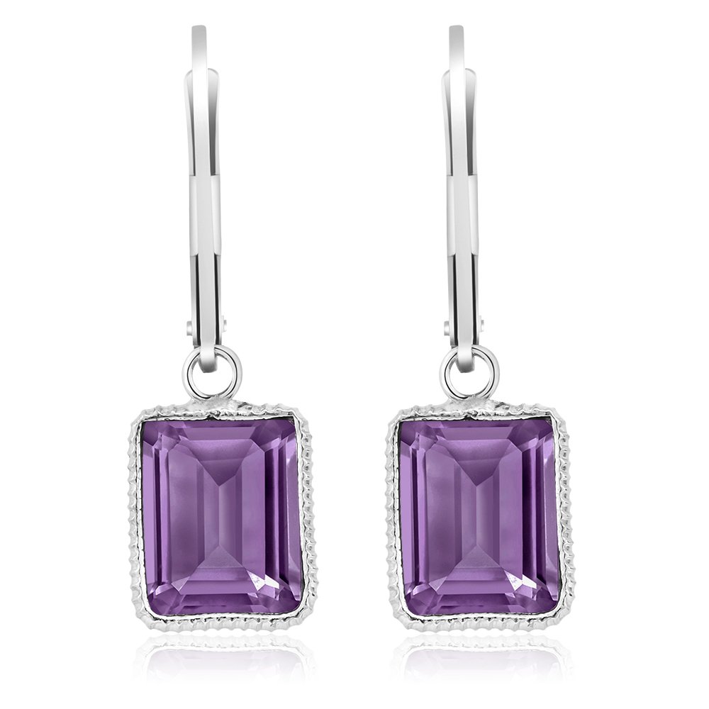 Gem Stone King 5.00 Cttw 925 Sterling Silver Purple Amethyst Earrings | Gemstone Birthstone | Emerald Cut 10X8MM | Drop Dangle Earrings for Women