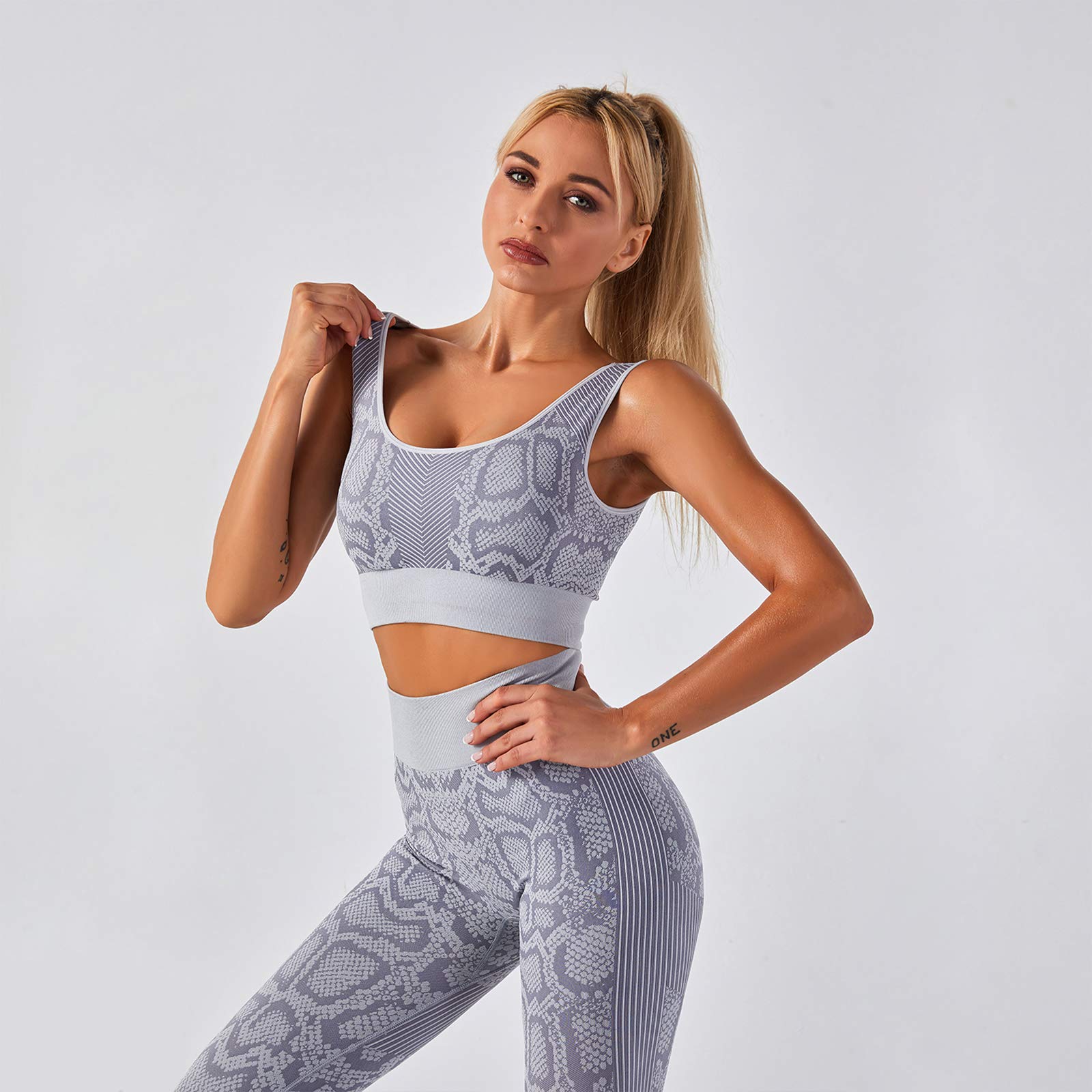 Hotexy Women Workout Set Active 2 Pieces Snake Print High Waisted Leggings with Paded Sports Bra Crop Top Deep Blue
