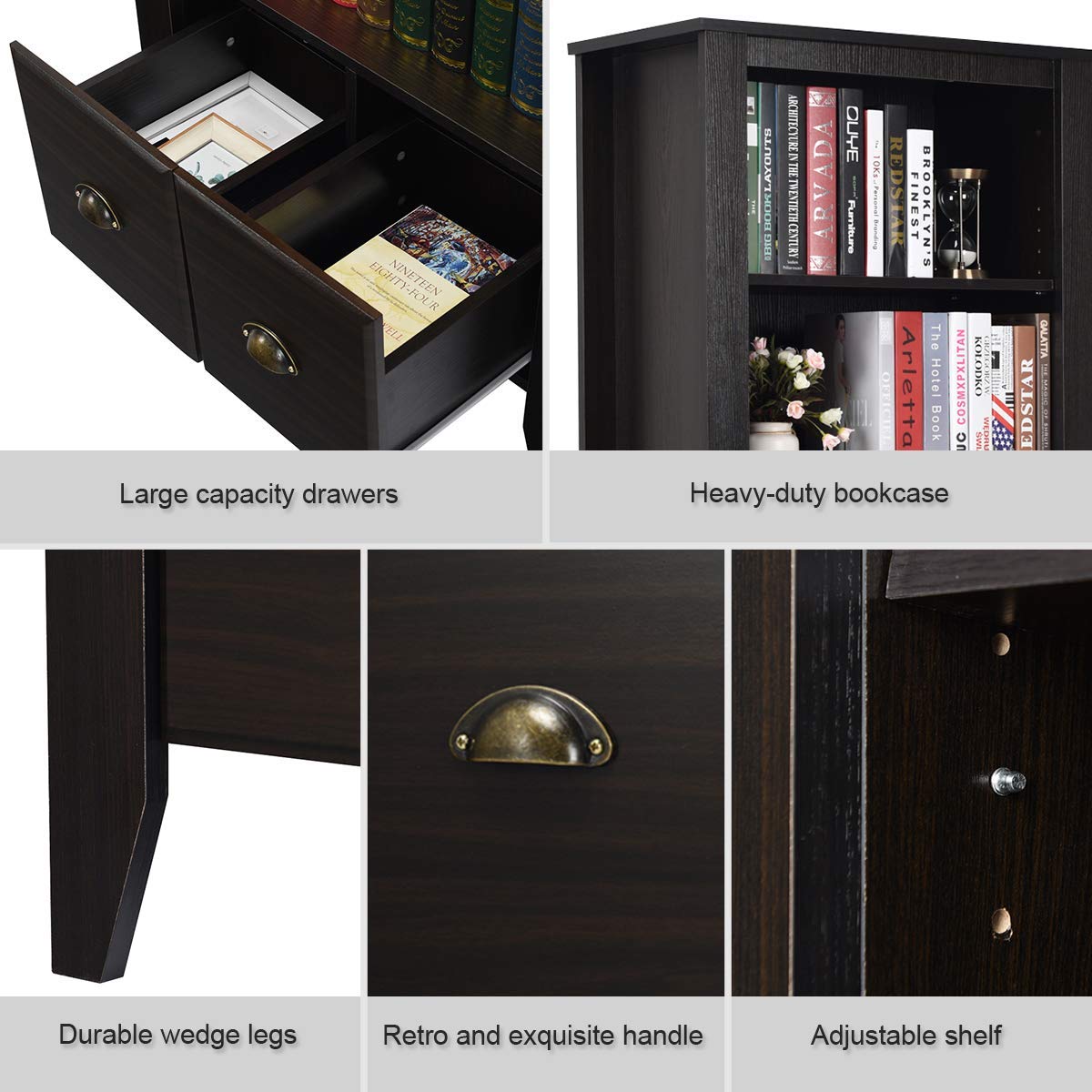GLACER Bookshelf Bookcase, Multifunctional Cabinet with 2 Adjustable Shelves and 2 Drawers, Ideal for Home Office Bedroom and Living Room