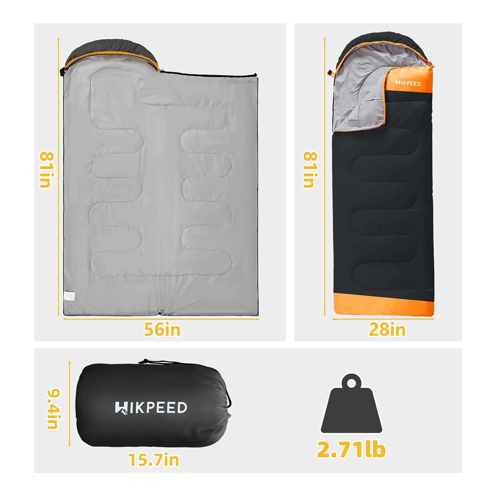 HIKPEED Backpacking Sleeping Bag, Sleeping Bag for Kids Adults Teens - Lightweight Compact Hiking Camping Sleeping Bag, Suitable for 3 Seasons Warm & Cool Weather (Black+Orange)