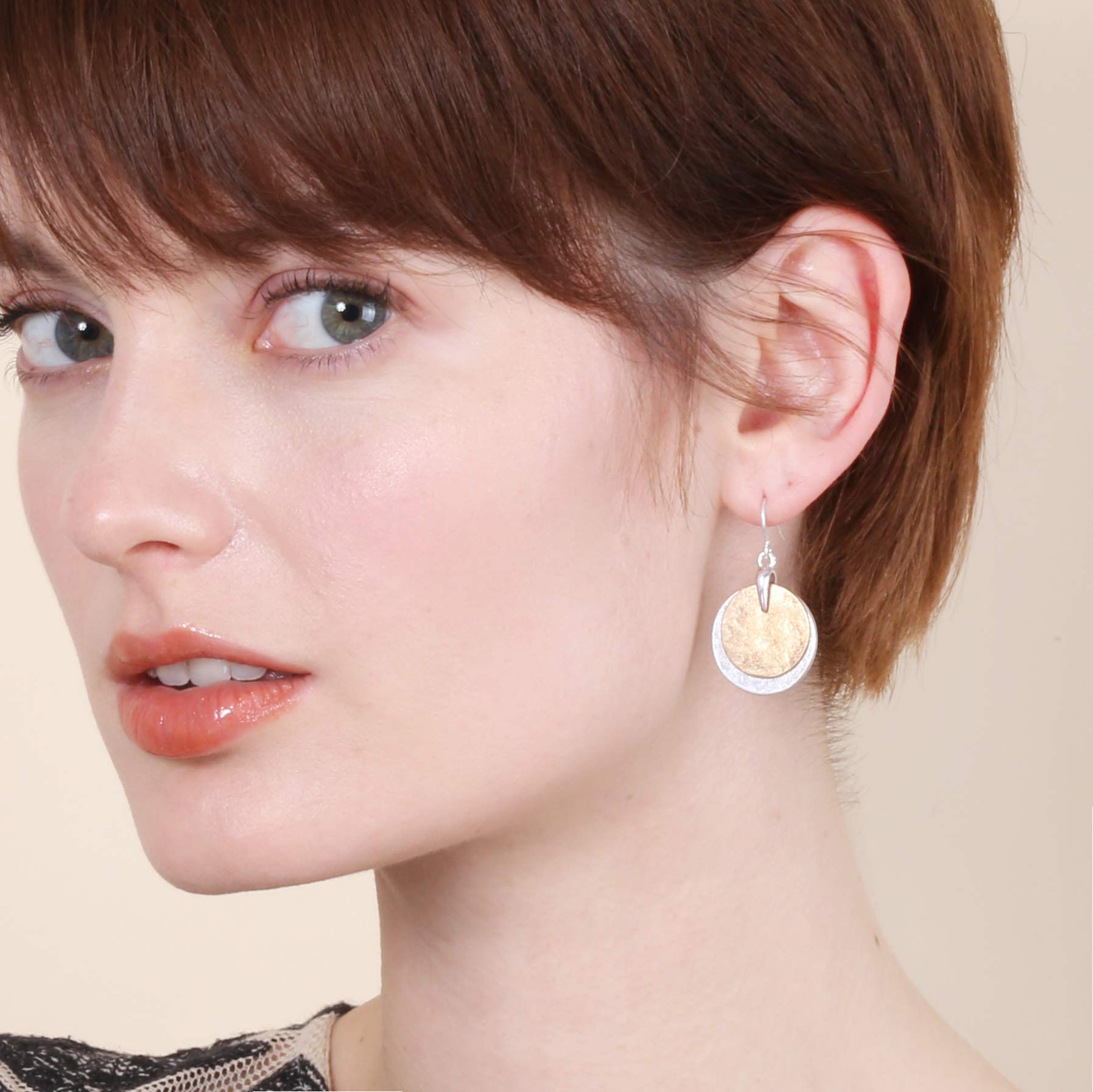 Gold & Silver Small Dangle Earrings for Women, Mixed Metal & Shell Inside, Circle & Teardrop Shape, Hammered Drop Earrings, Perfect Jewelry for Gifts