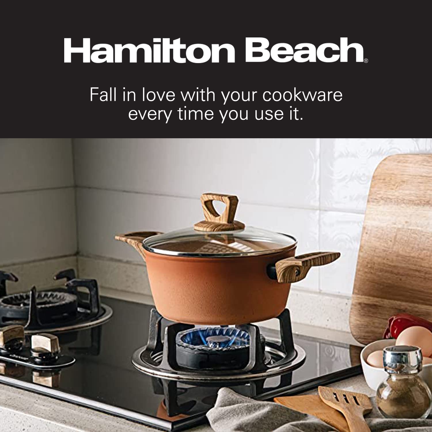 Hamilton Beach Dutch Oven, 4.5-Quart, Casserole Cooking Pot with Glass Lid, Triple-Layer PFOA-Free Nonstick Coating, High-Performance Forged Aluminum, Terracotta Color, Wood-Inspired Pattern Handle