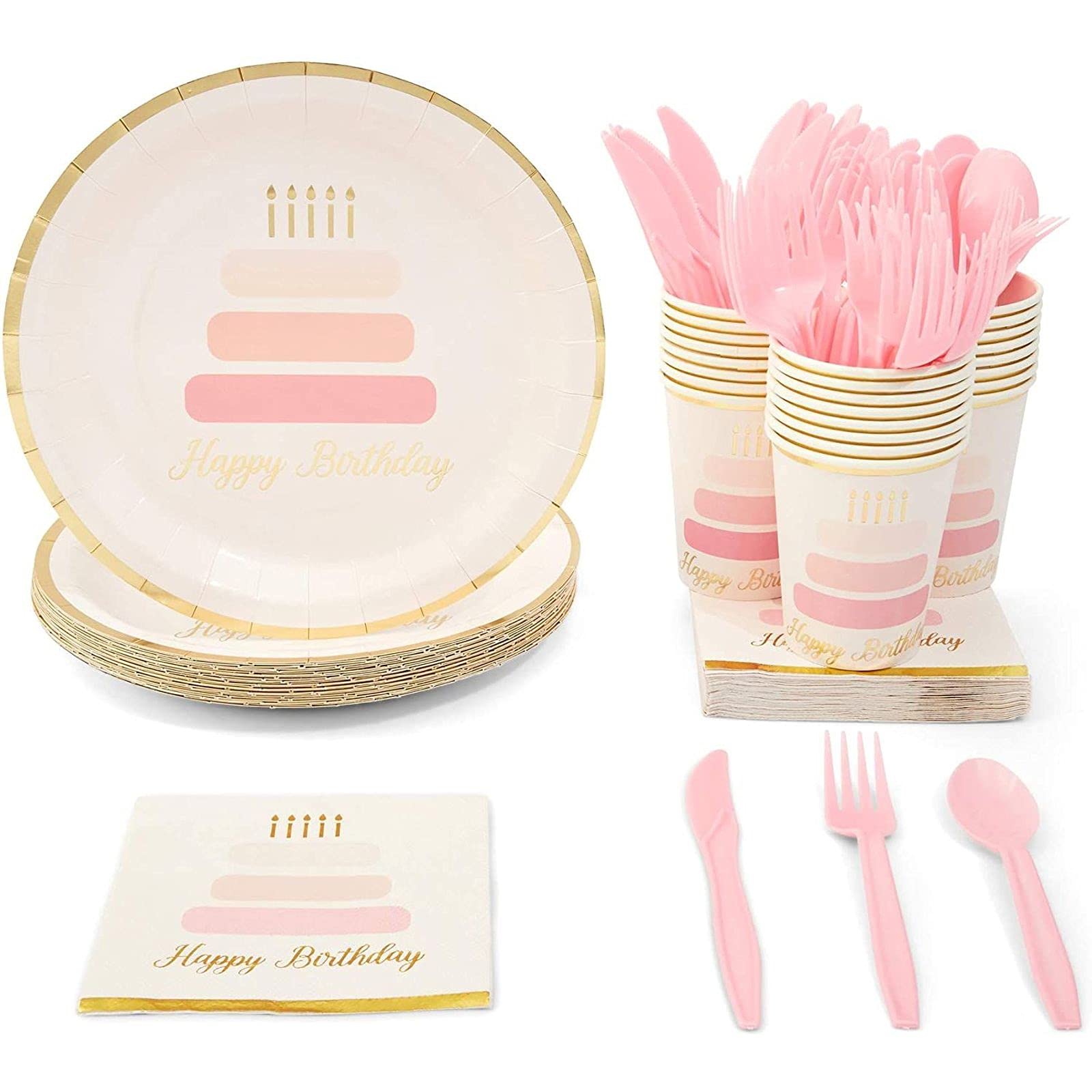 Happy Birthday Party Pack, Includes Dinnerware Set, Tablecloth, and Banner (Serves 24, 146 Pieces)