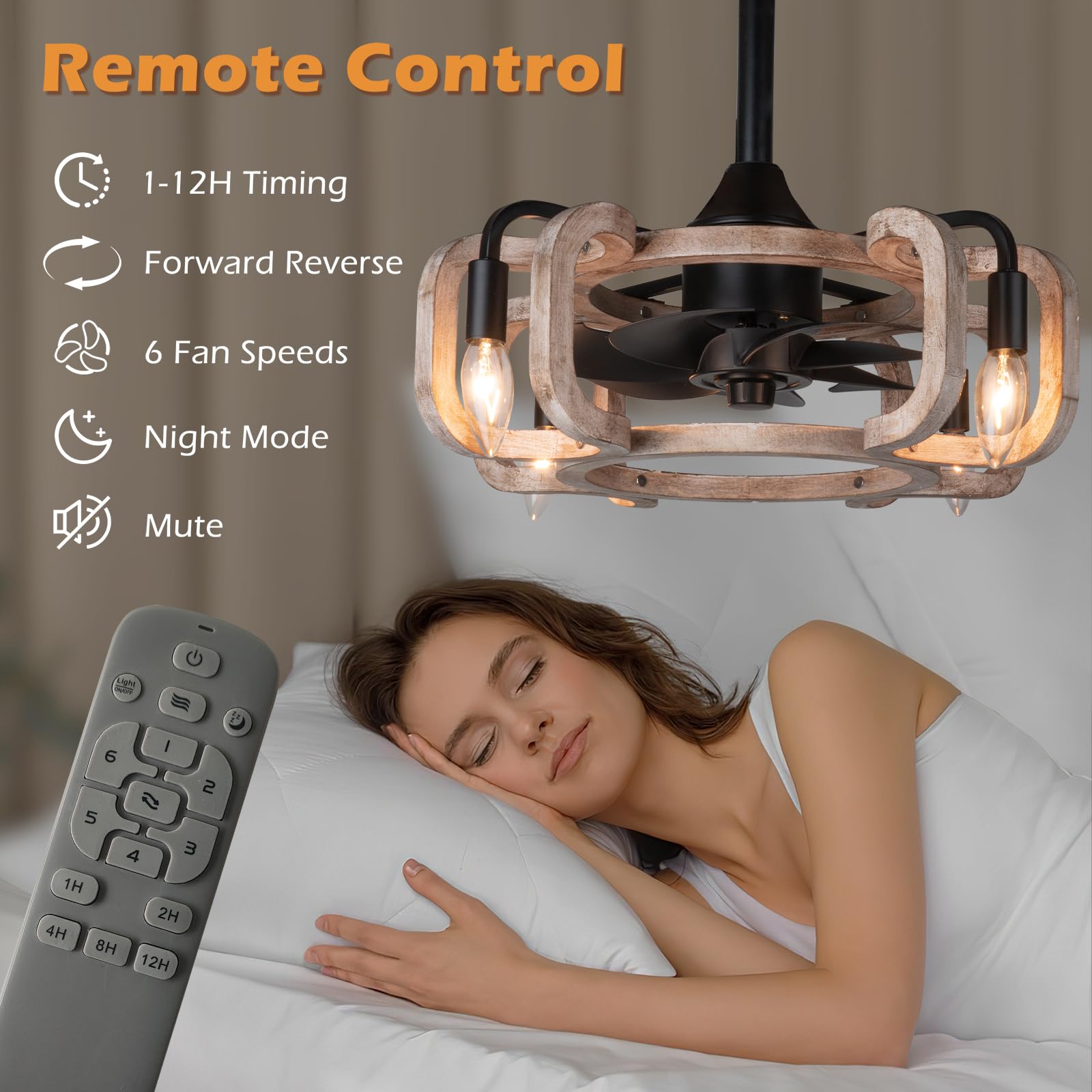 GQR Flush Mount Ceiling Fan with Light, Farmhouse Wood Ceiling Fan with Remote, Caged Fandelier Ceiling Fan Light, Low Profile Ceiling Fan for Bedroom Kitchen, Vintage Solid Redwood Grain