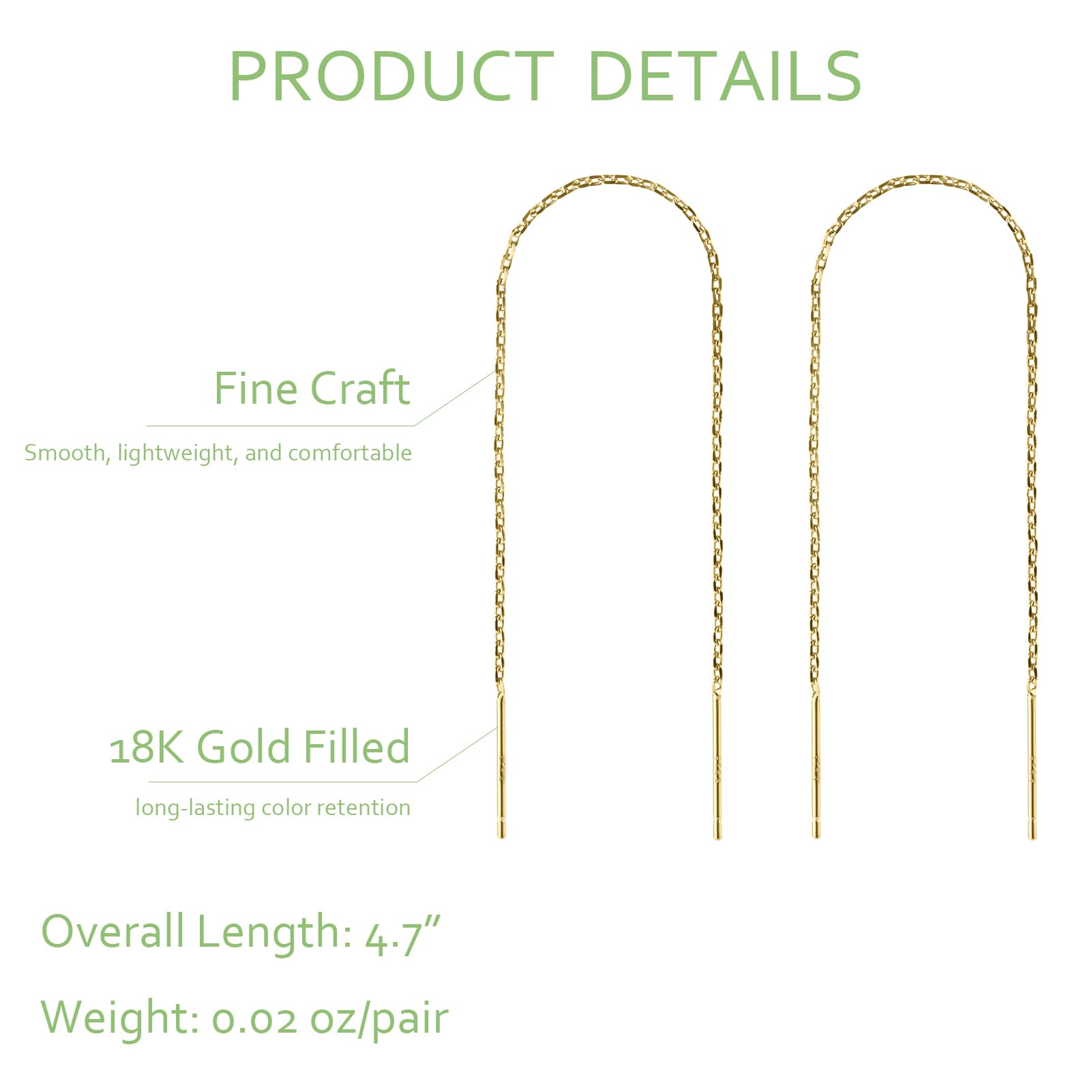 Gold Threader Earrings for Women 18K Gold Filled Chain Earrings Dainty Bar Drop Dangle Long Thread Earring Dangly Double Piercing Hypoallergenic Jewelry Gift