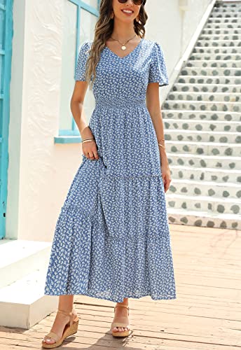 Zattcas Womens 2023 Summer Casual Long Dress Short Flutter Sleeve V Neck Smocked Waist Tiered Flowy Modest Floral Boho Maxi Dress Blue L