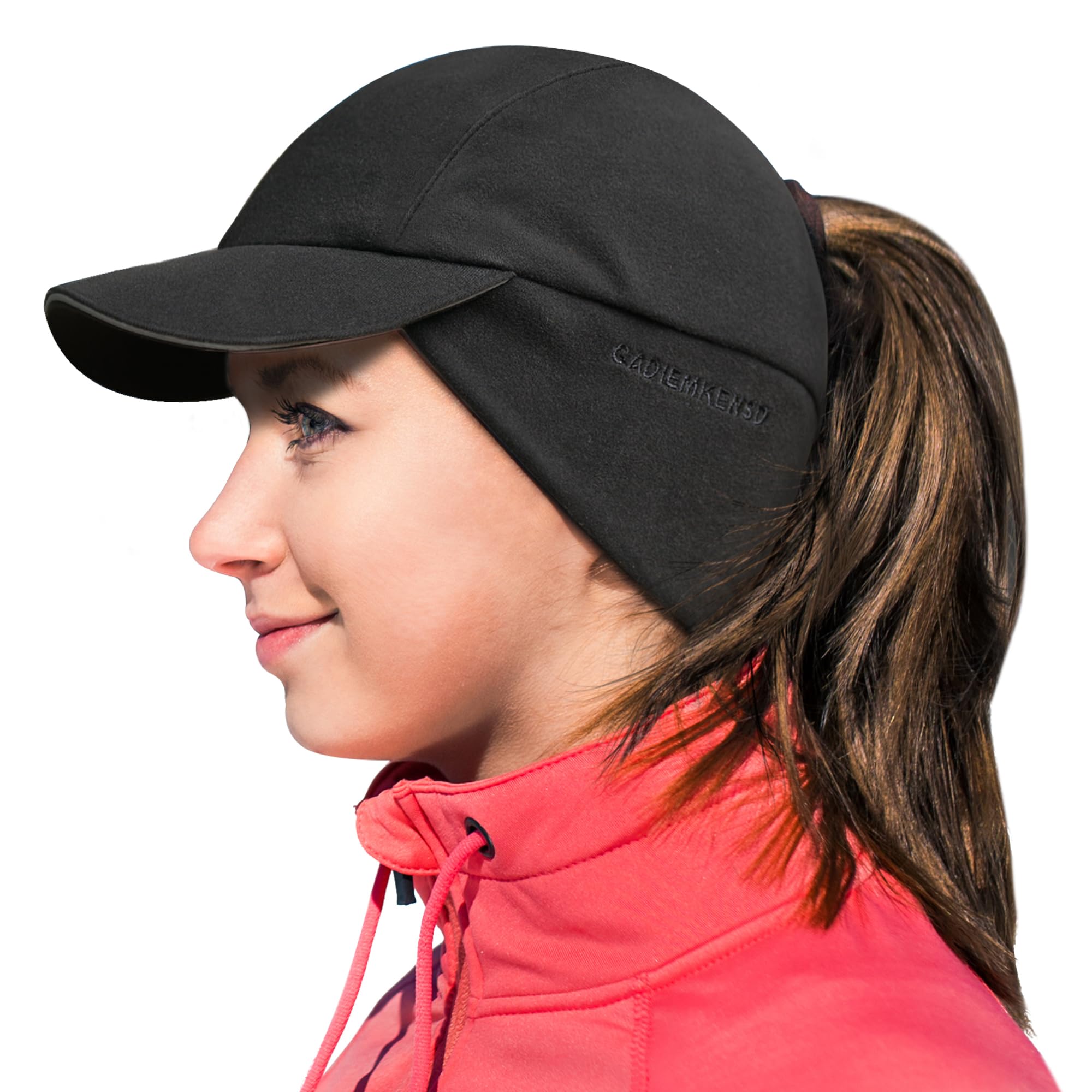 GADIEMKENSD Winter Running Hats Reflective Fleece Ponytail Hat for Women Baseball Caps with Earflap Drop Down Ear Warmer Mens Skull Cap Beanie with Visor Cold Hat for Outdoor Hiking Snow Ski Black