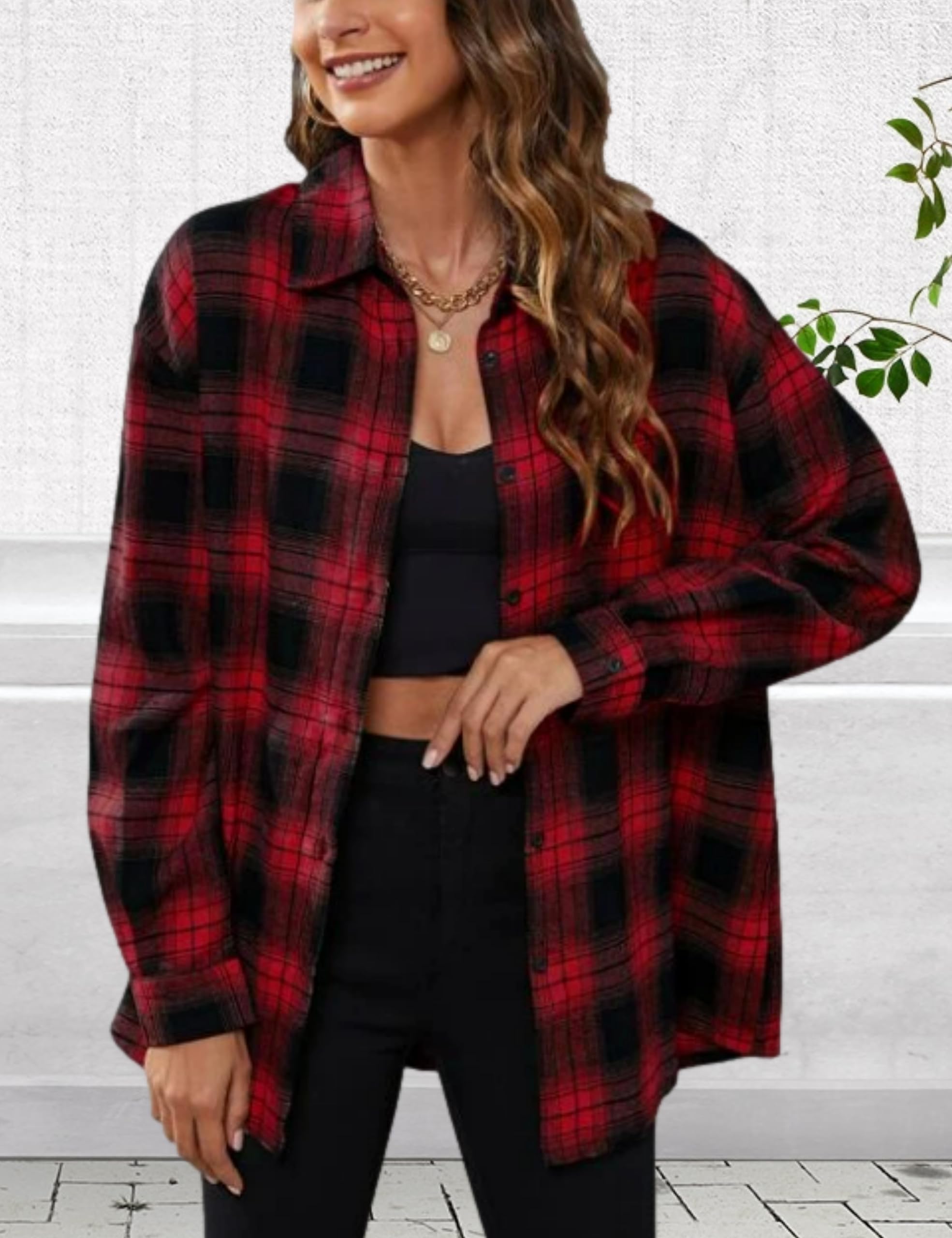 HangNiFang Flannel Red Black Plaid Shirts for Women Oversized Button Down Shirts Blouse(0768-RedBlack-M)