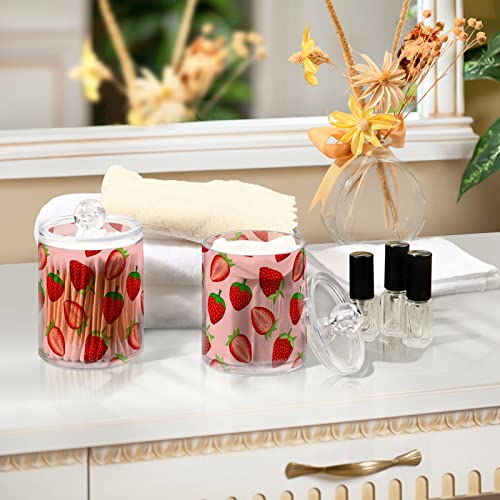 Vnurnrn Clear Plastic Jar Set for Cotton Ball, Cotton Swab, Cotton Round Pads, Floss, Strawberry Pattern with Berries Bathroom Canisters Storage Organizer, Vanity Makeup Organizer,2Pack