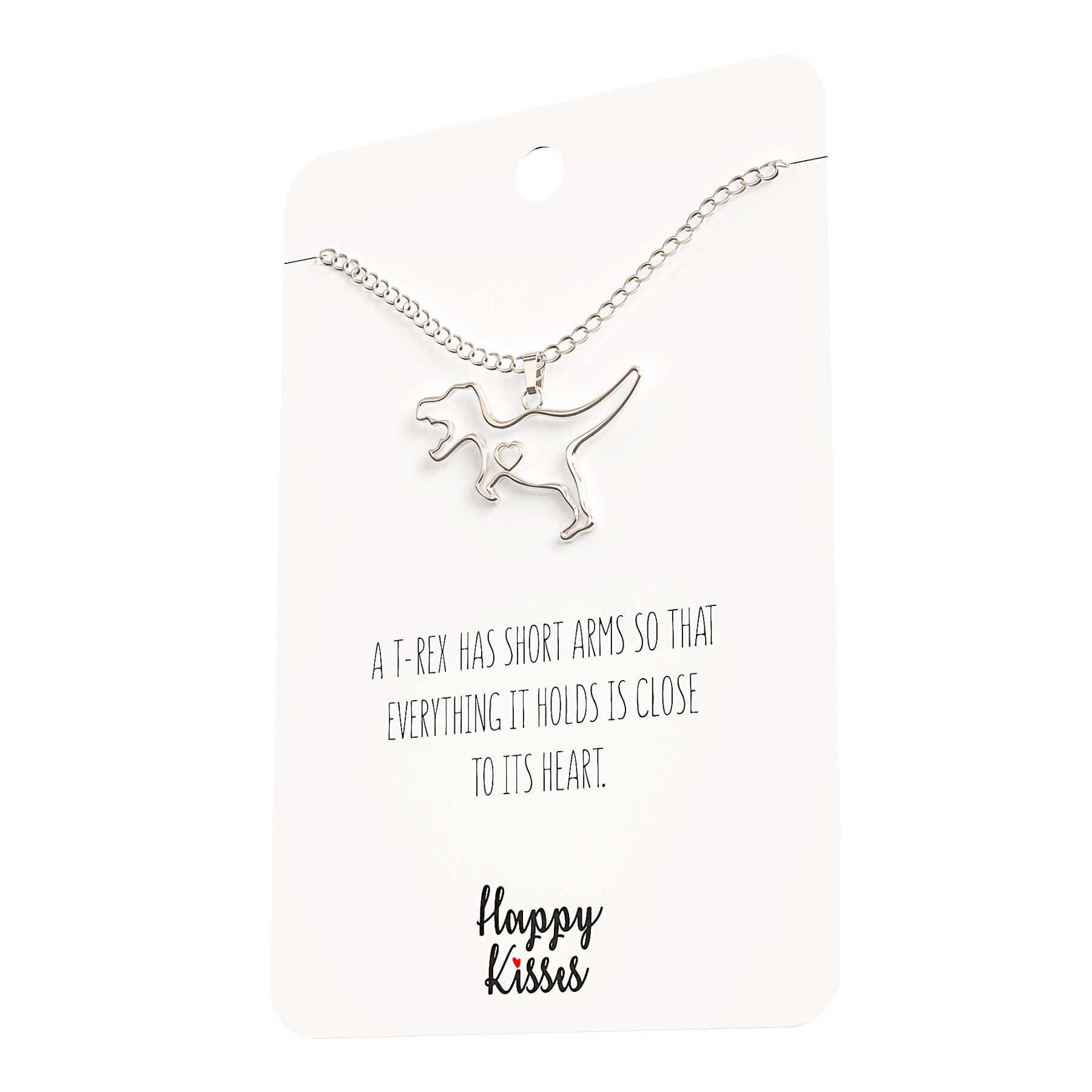 Happy Kisses Dinosaur T-Rex Necklace - Cute Pendant Gift - Sweet and Funny Message Card (Silver)