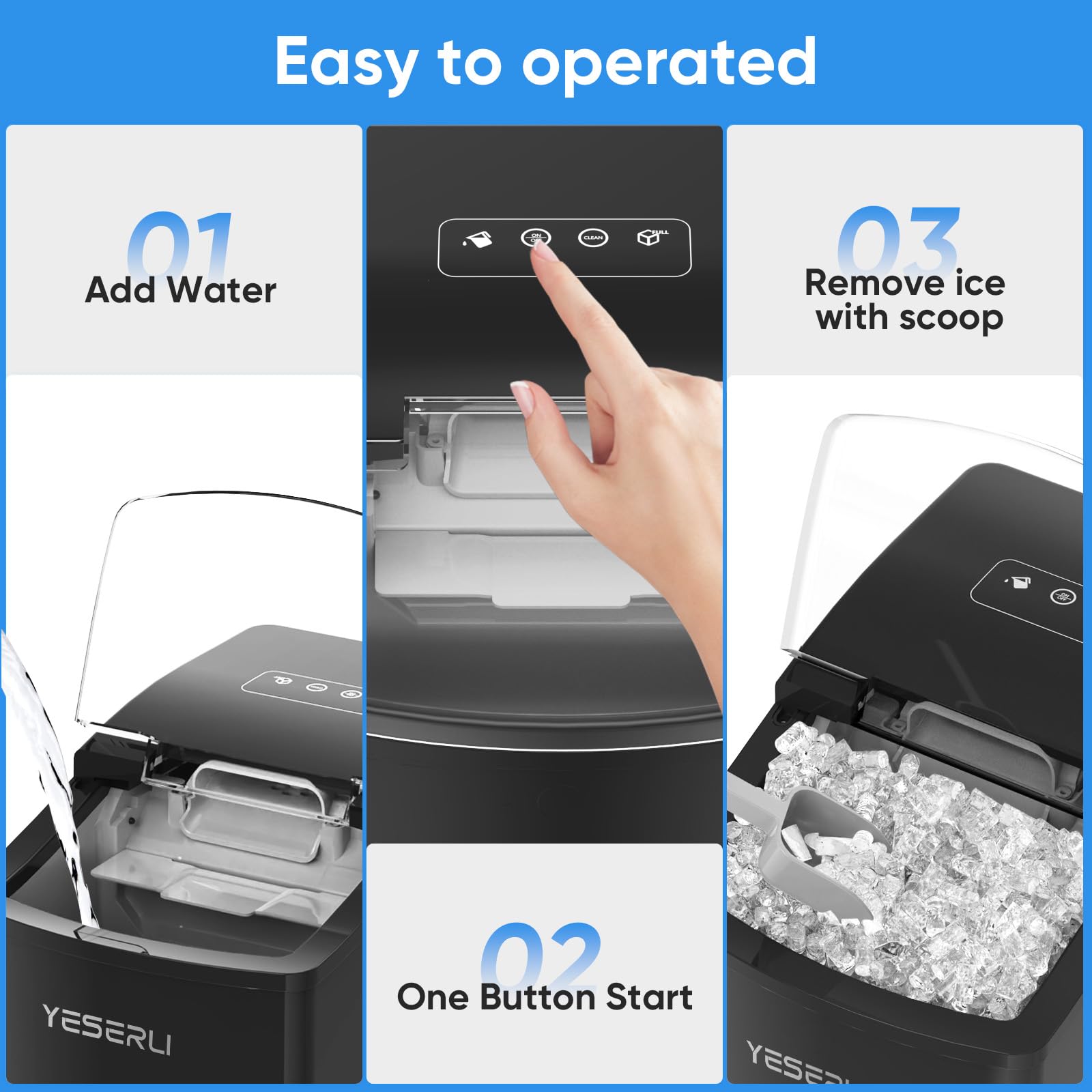 YESERLI Nugget Ice Maker,40lbs/Day Soft Chewable Pellet Countertop Ice Maker with Self-Cleaning Function,Ice Machine with Ice Scoop&Basket,One-Click Operation Pannel for Home,Office,Party,RV,Black