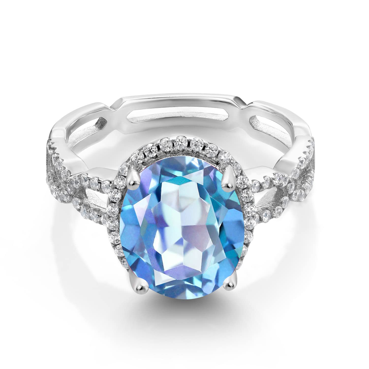 Gem Stone King 925 Sterling Silver Millennium Blue Mystic Quartz and White Created Sapphire Women Ring (4.15 Cttw, Available In Size 5, 6, 7, 8, 9)