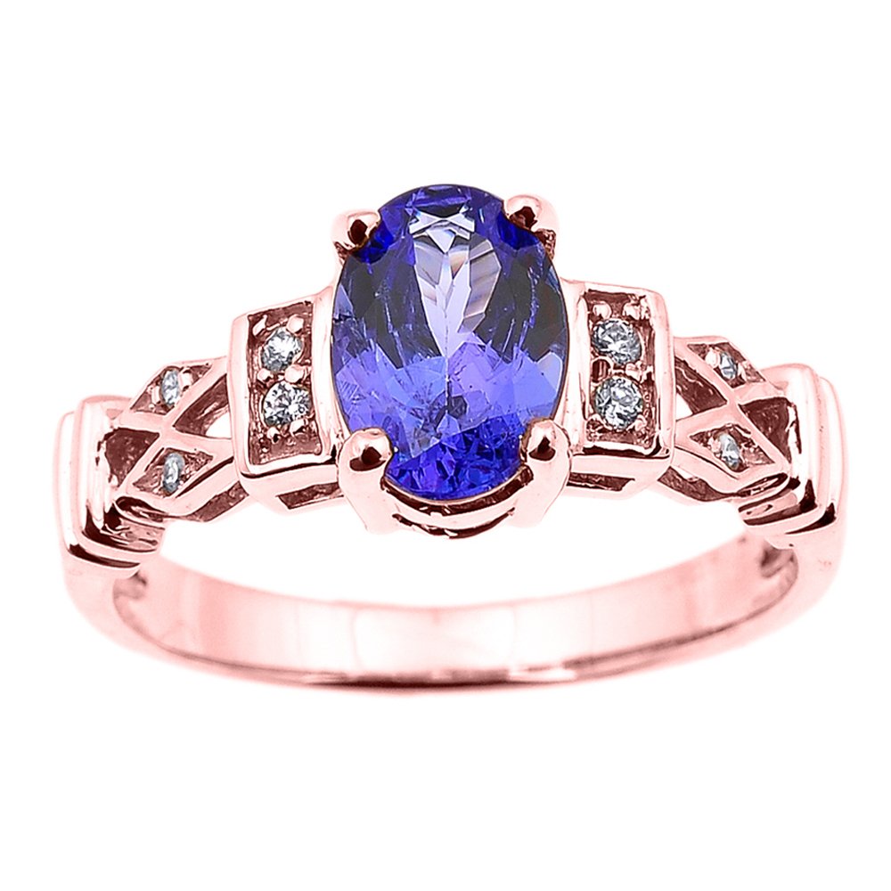 gemstone rings Solid 14k Rose Gold Tanzanite and Diamond Engagement Proposal Ring(Size 8.5)