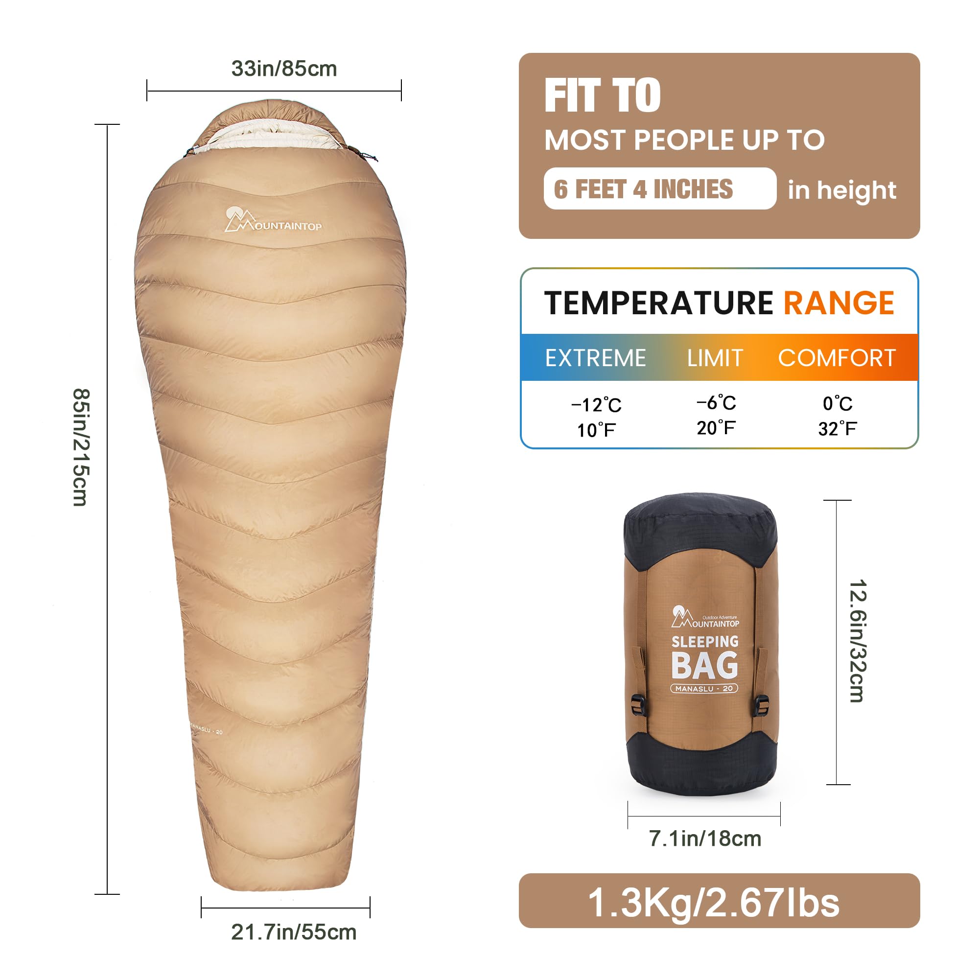 MOUNTAINTOP Down Fill Sleeping Bag for Adults Ultralight Backpacking Sleeping Bag Comfort with Compression Sack - 4 Seasons for Camping Hiking Traveling