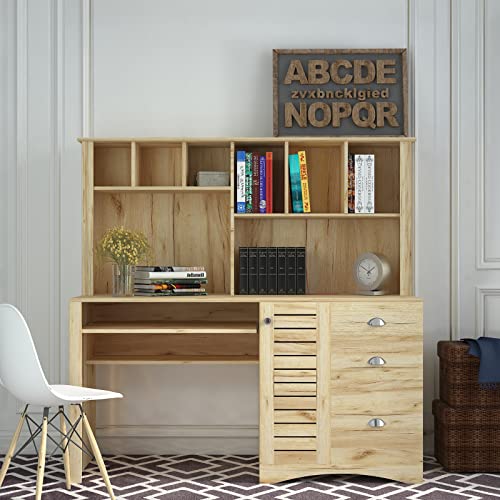 GIYZOKNI Desk with Hutch, Computer Desk with Hutch, with Drawers, Open Shelf, Writing Laptop Table with Keyboard Tray, Wood Computer Desk Workstation Desk for Home Office