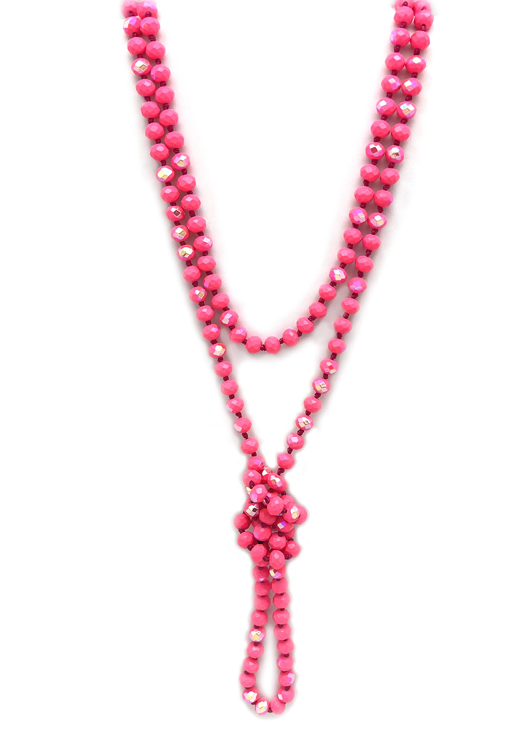 Miracle Collection 60" Knotted Crystal Beads Endless Long Statement Necklace-Versatile Beaded Strand Lariat Multi Layer Infinity Wrap with 8mm Faceted Crystal Bead and Pearl (NEON PINK)