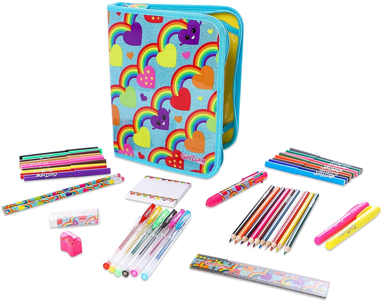 GirlZone Jumbo Rainbow Arts & Crafts Filled Stationery Pencil Case for Girls, 43 Pieces