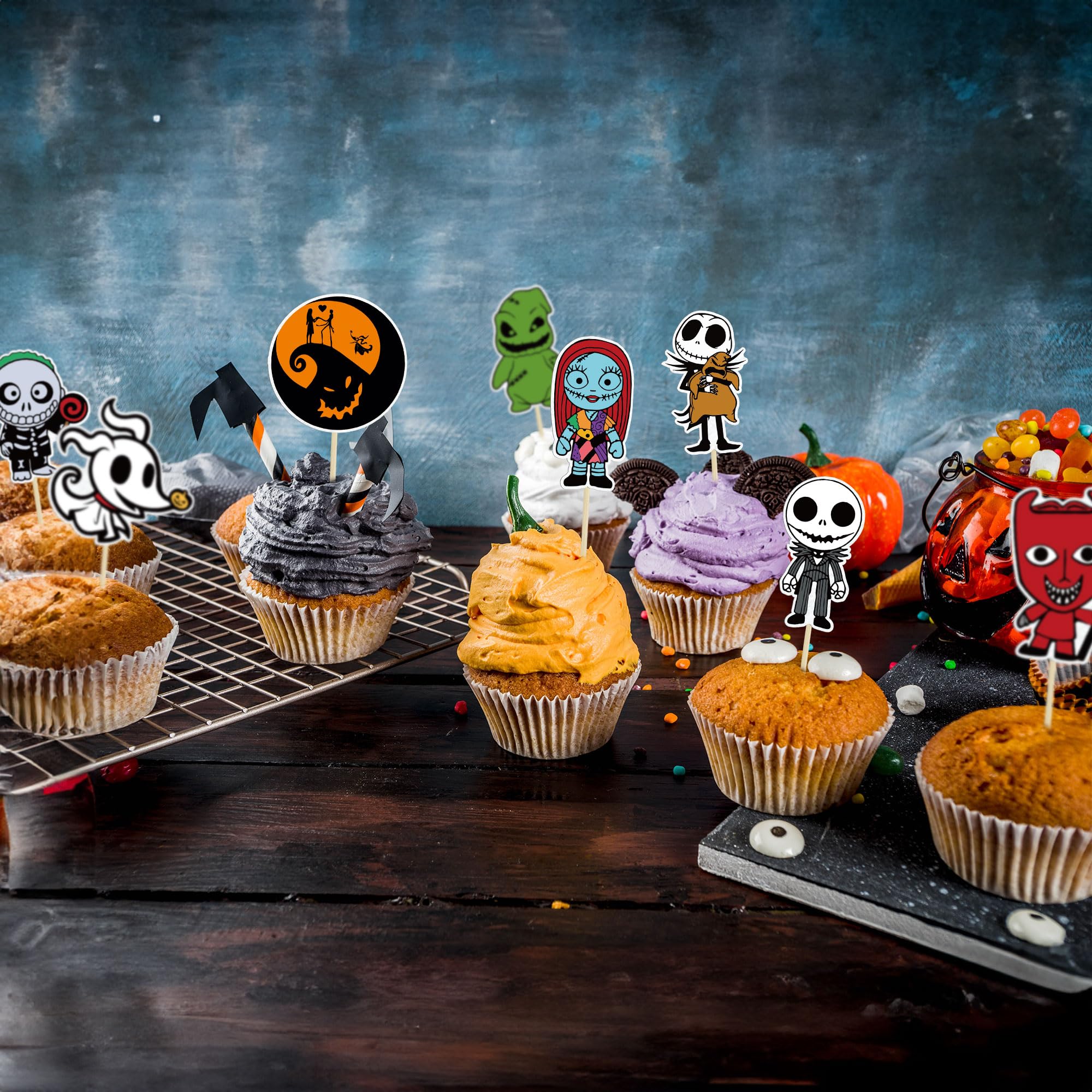 Gyufise 40Pcs Skellington Halloween Cupcake Toppers Glitter Skull Ghost Cupcake Picks for Nightmare Before Christmas Theme Wedding Anniversary Birthday Party Cake Decorations Supplies