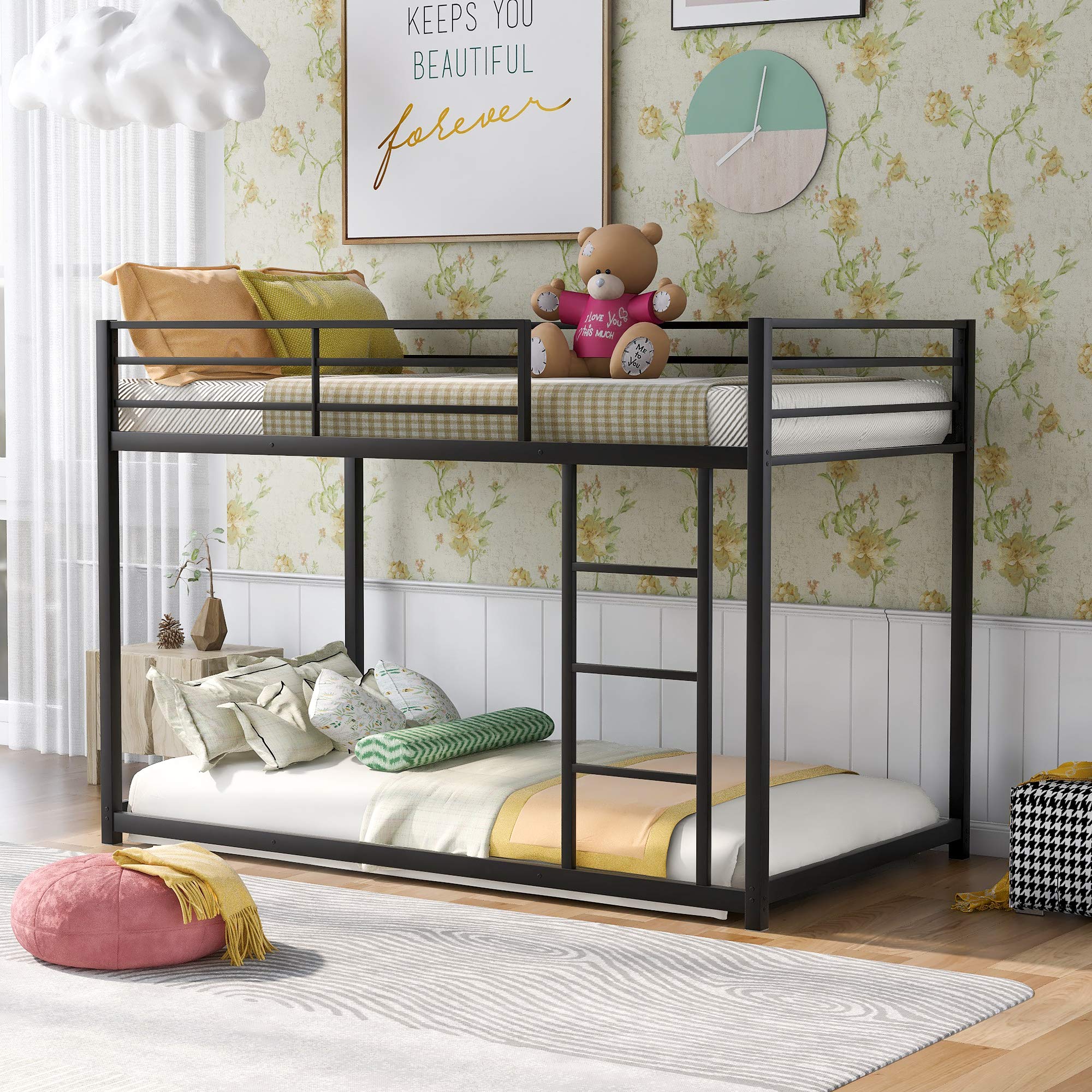 Twin Over Twin Metal Bunk Bed, Low Bunk Bed with Ladder for Kids,Toddlers,Teens,No Box Spring Needed, Black