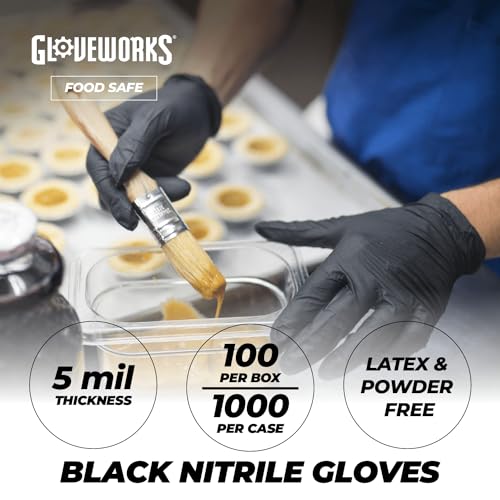 GLOVEWORKS Black Disposable Nitrile Industrial Gloves, 5 Mil, Latex & Powder-Free, Food-Safe, Textured, Medium, Case of 1000
