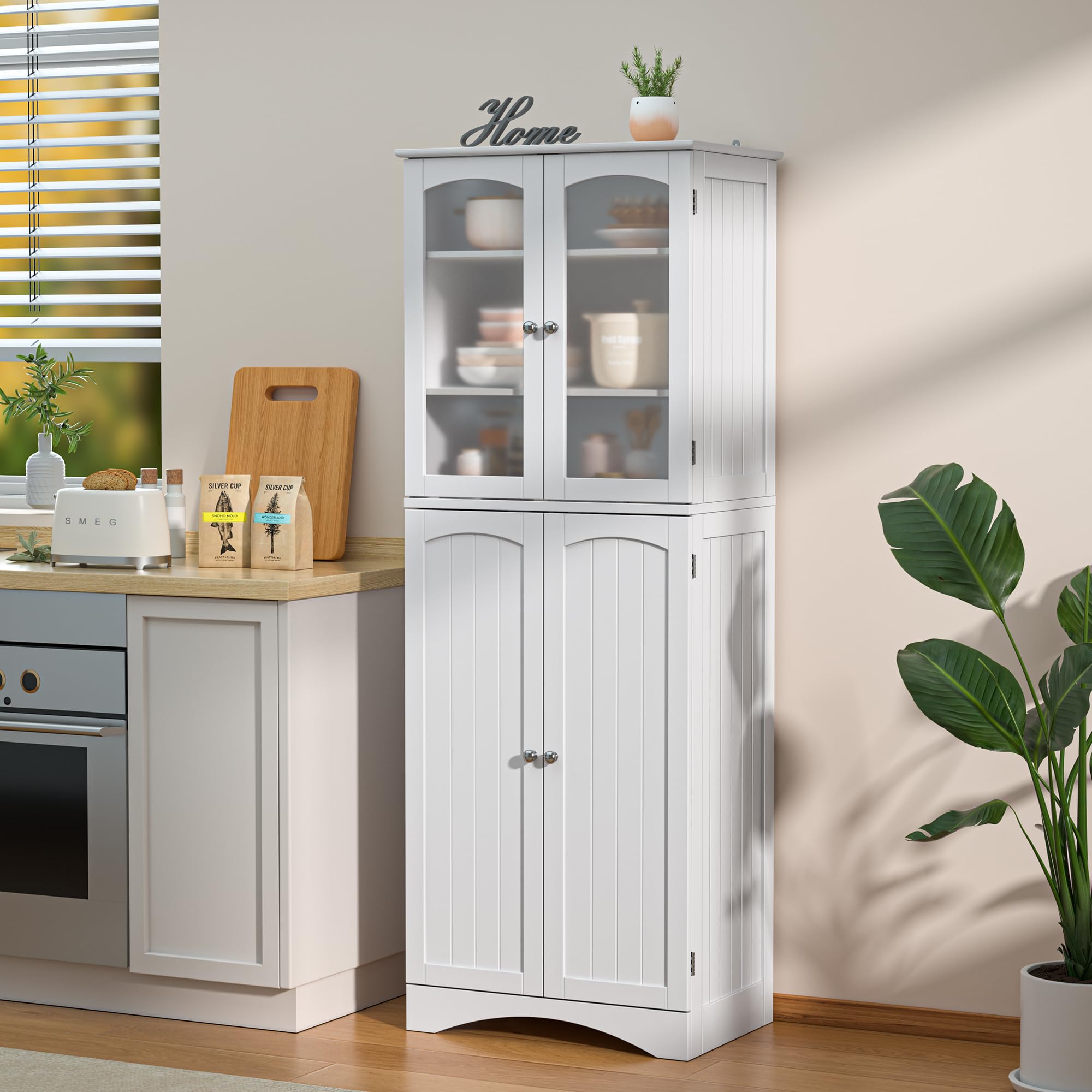 Gizoon 64" Kitchen Pantry Cabinet, Tall Storage Cabinet with Glass Doors and Adjustable Shelves, Freestanding Floor Cabinet Cupboard for Kitchen, Living Room, Dining Room (White)