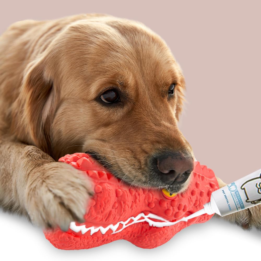 TSPRO Dinosaur Dog Chew Toys Interactive Dog Toy for Pets Increases IQ, Natural Rubber Dog Toys Squeaky for Teeth Cleaning and Training, for Aggressive Chewers (Dinosaur Red)